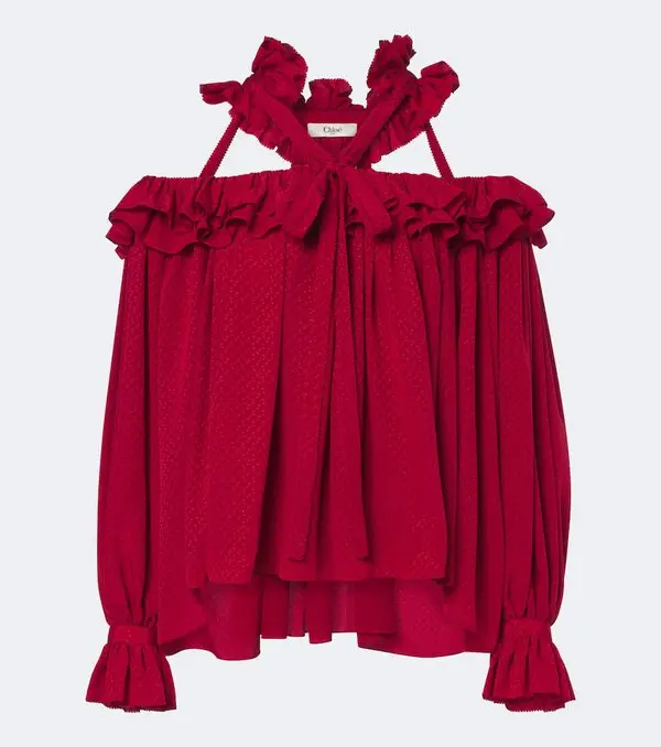 Chloé Cutout Ruffled Silk Jacquard Top