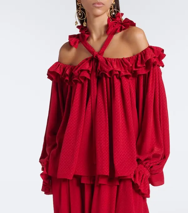 Chloé Cutout Ruffled Silk Jacquard Top