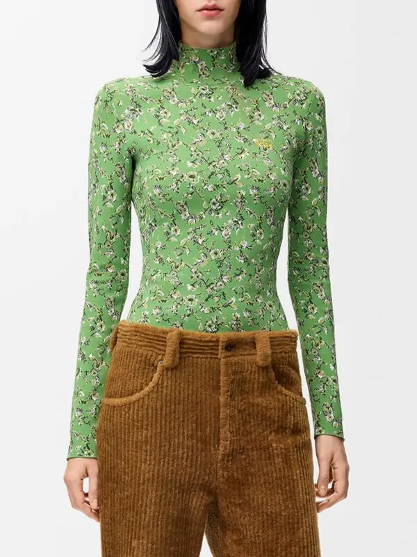 Loewe Floral Print Slim Fit Roll-neck Top In Viscose - Green