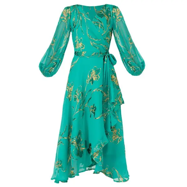 SACHA DRAKE Lorelei Wrap Midi Dress In Jade Gold Floral - Blue