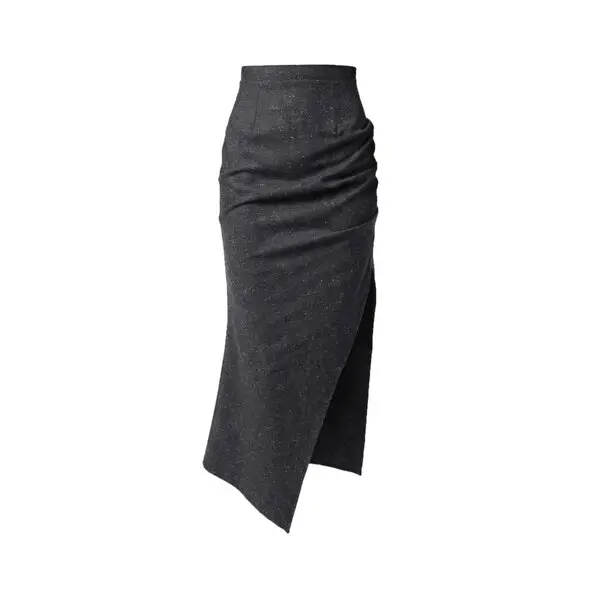 AVENUE N°29 Asymmetric Gathered Wool Midi Skirt Dark