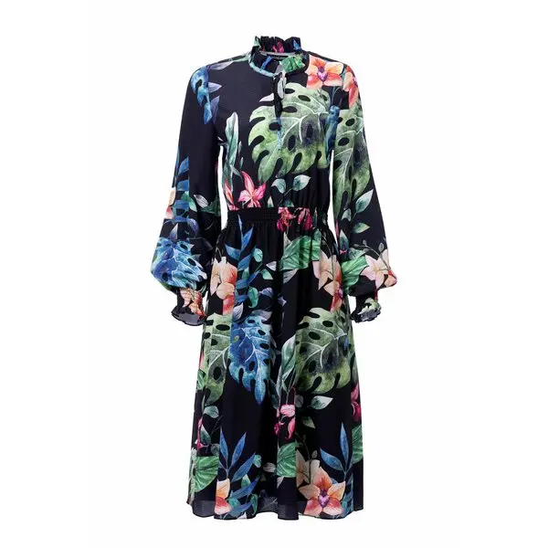 CARLOSLINES Front Neck Tie Smocked Waist Long Sleeve Midi Dress In Multi-colored Palms Print - Black