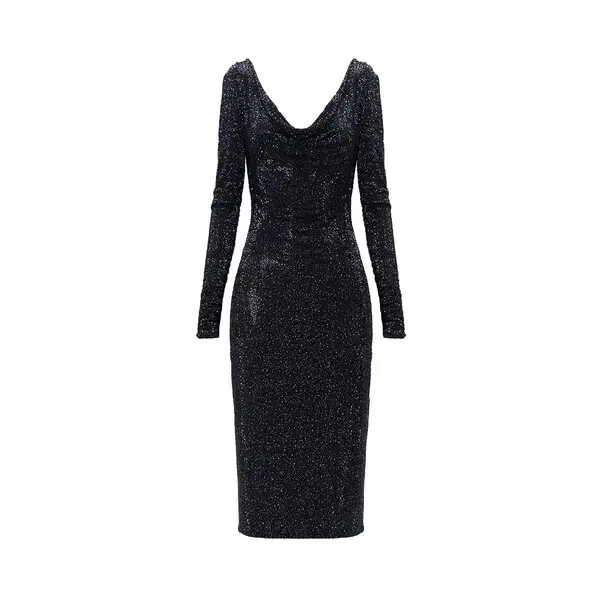 MONOSUIT Long Sleeve Cowl Neck Backless Sequin Bodycon Evening Midi Dress - Black