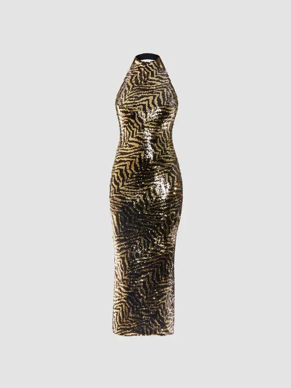 ZHIVAGO The Elsewhere Zebra Sequin Halter Midi Dress
