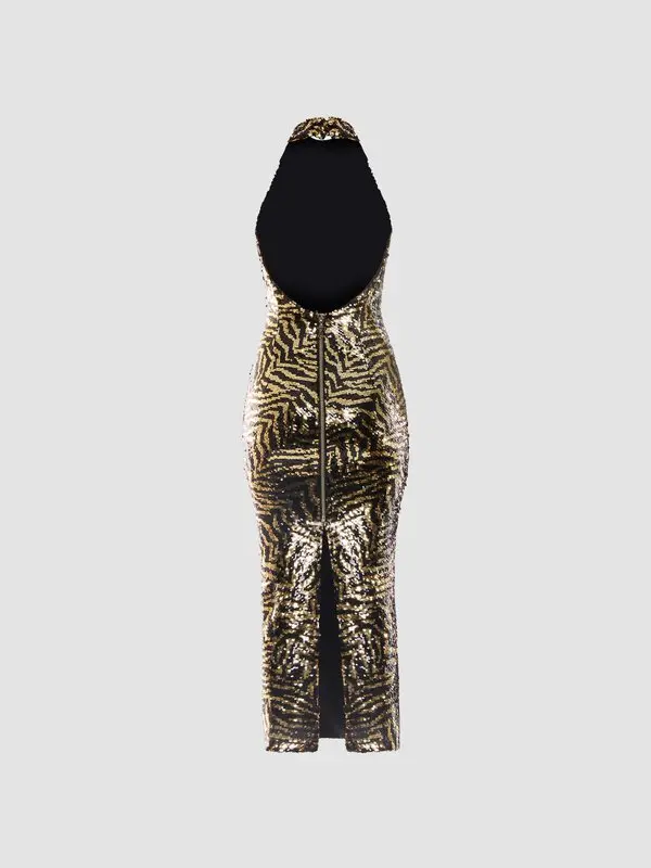 ZHIVAGO The Elsewhere Zebra Sequin Halter Midi Dress