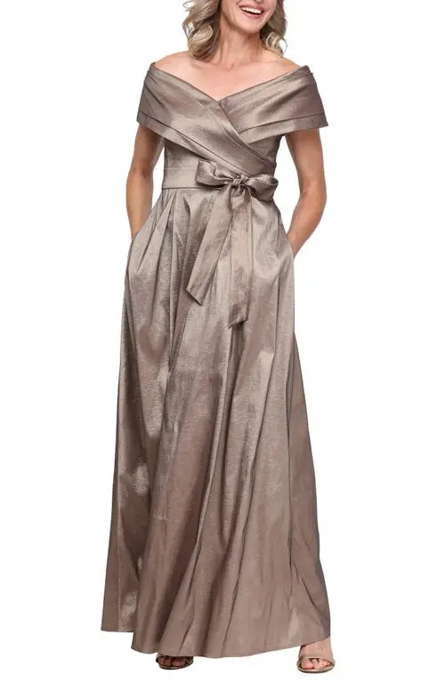 Alex Evenings Off The Shoulder Stretch Taffeta Gown - Bronze