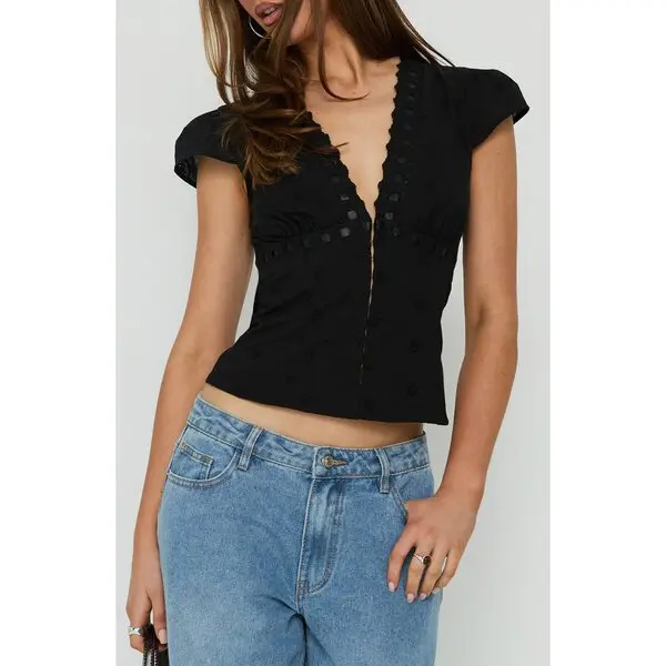 Princess Polly Speechless Lace Trim Petal Sleeve Top - Black
