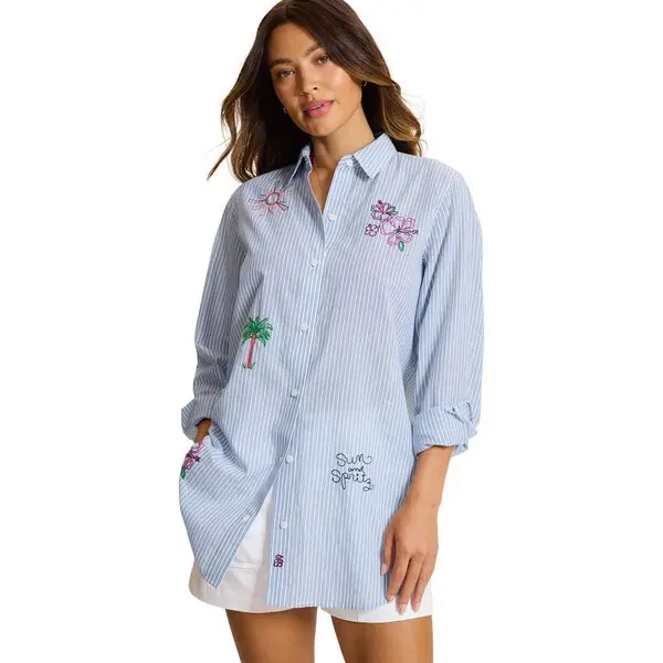 Tommy Bahama Summer Embroidered Pinstripe Cotton Boyfriend Shirt - Paradiso Blu