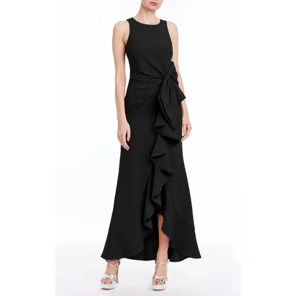 Badgley Mischka Bow Accent Ruffle High-low Gown - Black