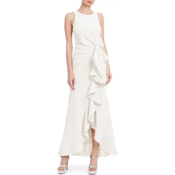 Badgley Mischka Bow Accent Ruffle High-low Gown - Ivory