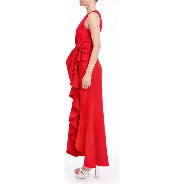 Badgley Mischka Bow Accent Ruffle High-low Gown - Red