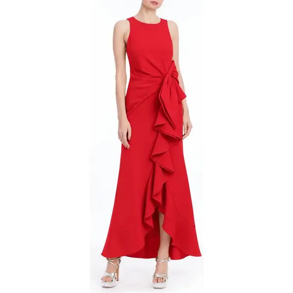 Badgley Mischka Bow Accent Ruffle High-low Gown - Red