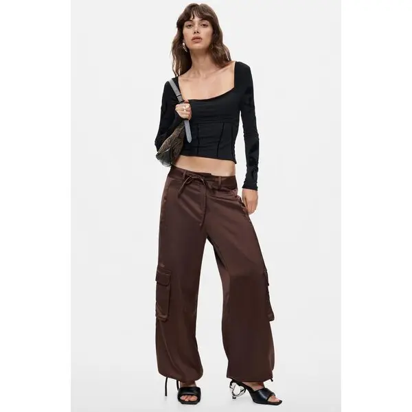 Desigual Low Rise Wide Leg Cargo Pants - Brown