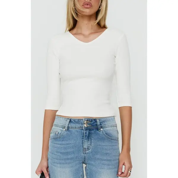 Princess Polly Bridgeta V-neck Three-quarter Sleeve Top - White