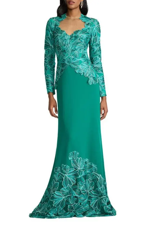 Tadashi Shoji Mireille Embroidered Tulle Gown - Emerald