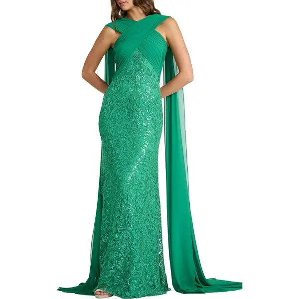 Tadashi Shoji Albioin Sequin Embroidered Sash Gown - Ancient Jade