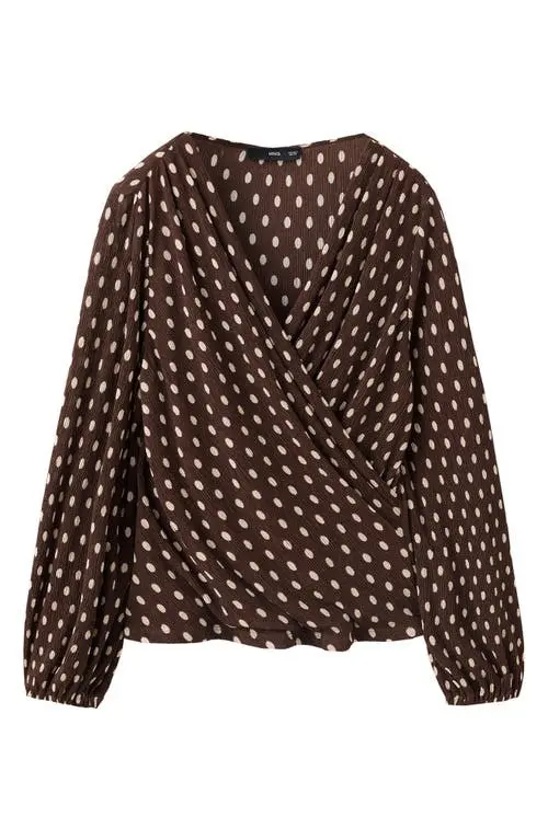 Mango Dot Print Pleated Wrap Top