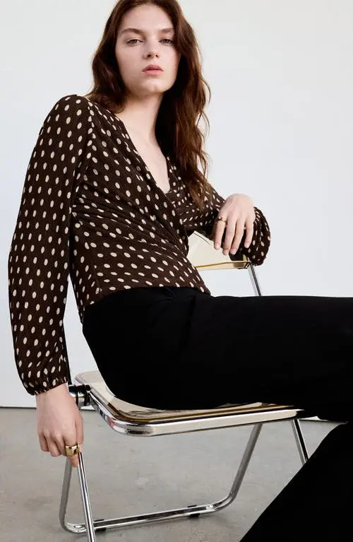 Mango Dot Print Pleated Wrap Top