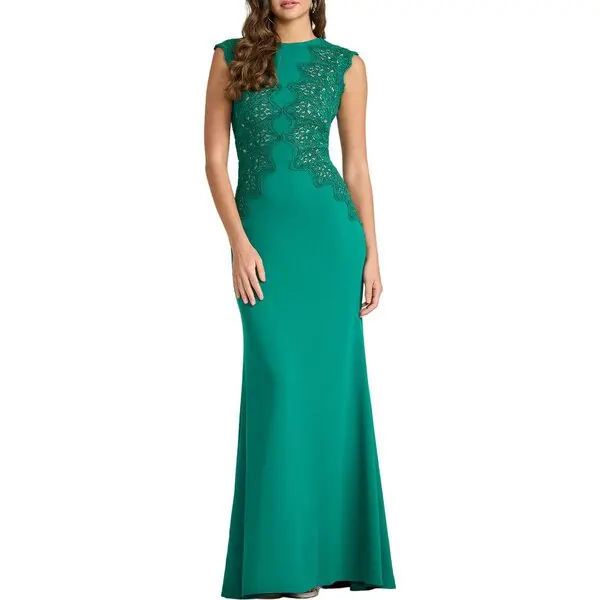 Tadashi Shoji Gant Embroidered Crepe Gown - Emerald