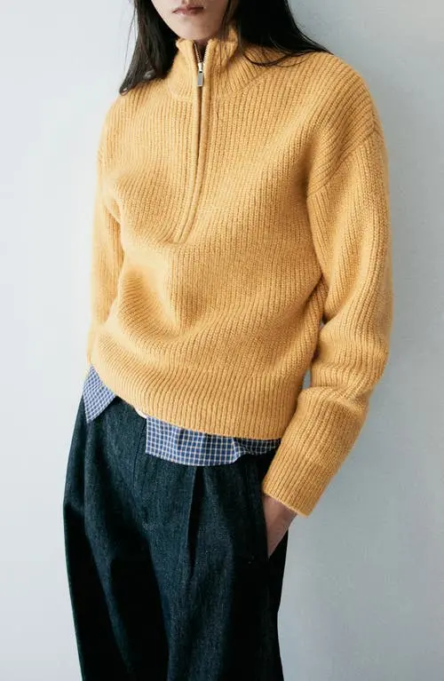 Mango Rizzi Half Zip Ribbed Sweater - Mustard