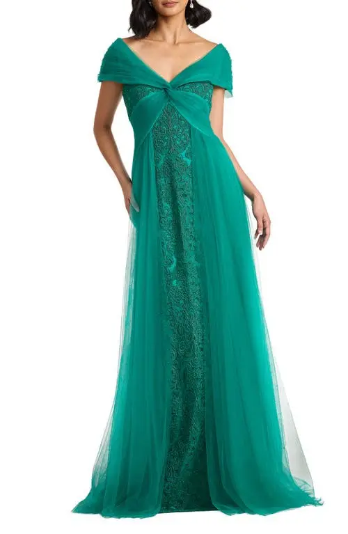 Tadashi Shoji Parello Lotus Embroidered Tulle Gown - Emerald