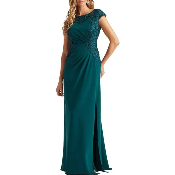 Tadashi Shoji Johari Embroidered Illusion Gown - Tea Leaf