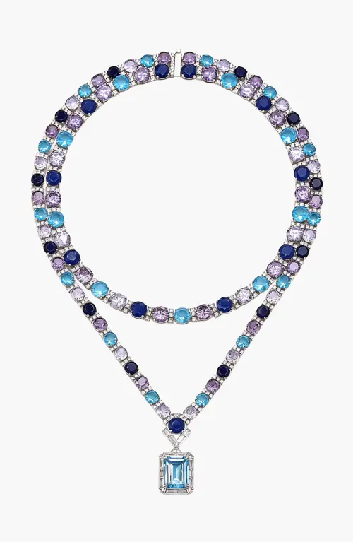 MODENAIRE Crystal Double Strand Y Necklace With Rectangular Pendant - Blue