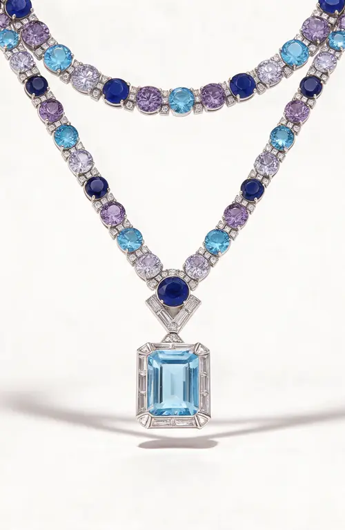 MODENAIRE Crystal Double Strand Y Necklace With Rectangular Pendant - Blue