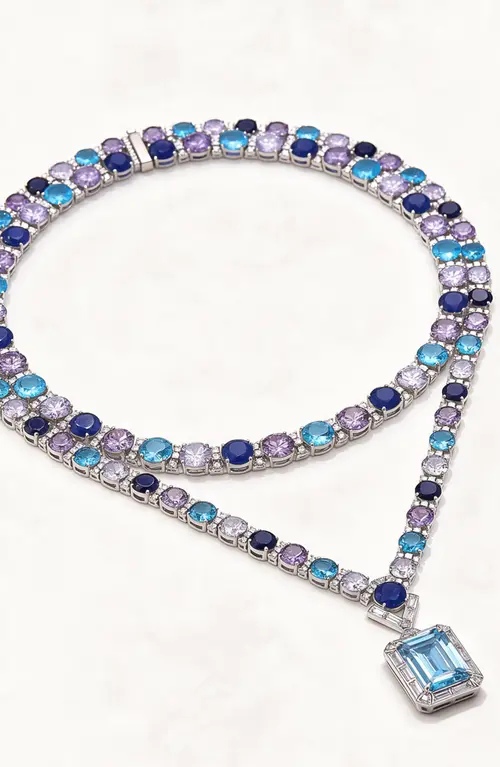 MODENAIRE Crystal Double Strand Y Necklace With Rectangular Pendant - Blue
