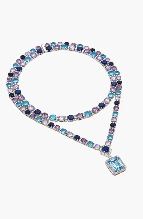 MODENAIRE Crystal Double Strand Y Necklace With Rectangular Pendant - Blue