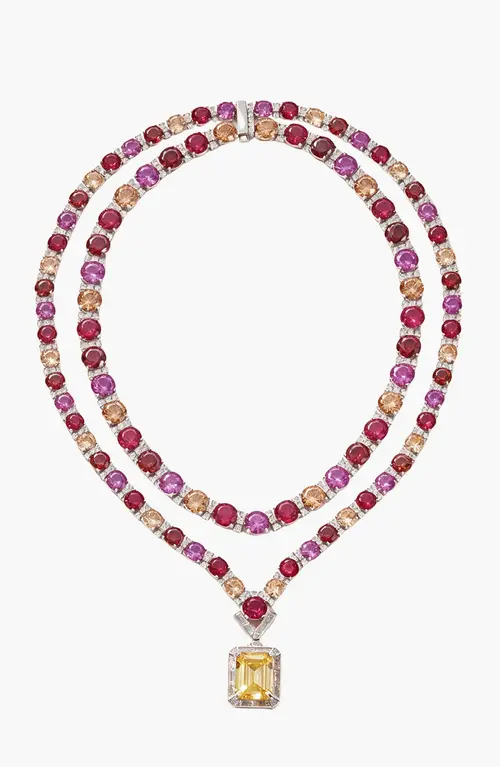 MODENAIRE Crystal Double Strand Y Necklace With Rectangular Pendant - Rose