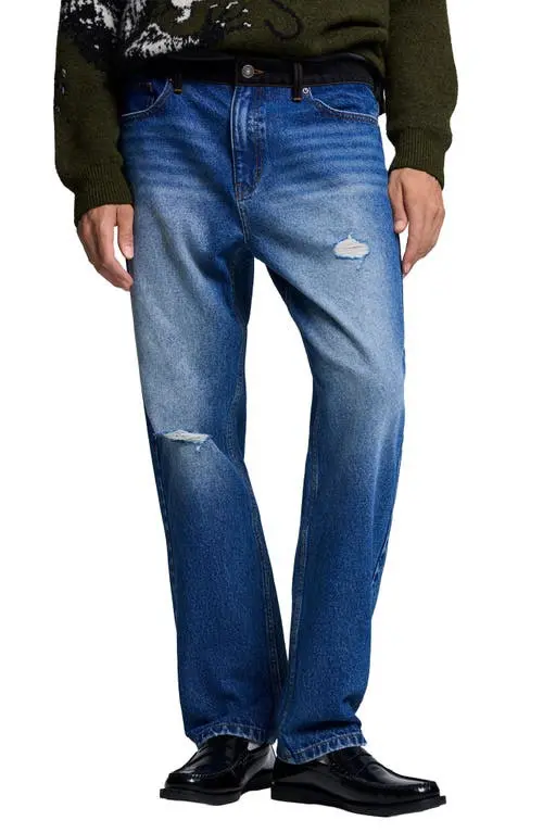 Desigual Contrast Waistband Distressed Straight Leg Jeans - Medium Blue