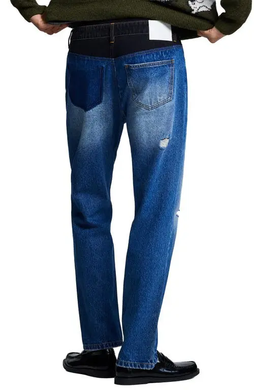 Desigual Contrast Waistband Distressed Straight Leg Jeans