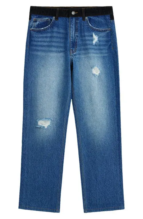 Desigual Contrast Waistband Distressed Straight Leg Jeans