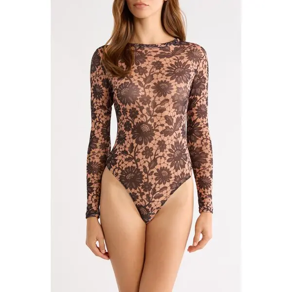 KILO BRAVA Floral Lace Long Sleeve Bodysuit - Black