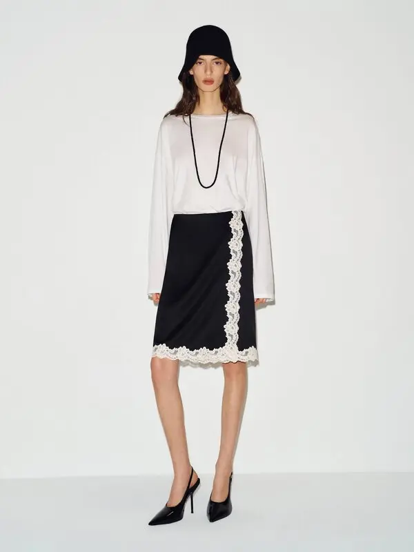REFORMATION Ives Satin Skirt With Cream Lace