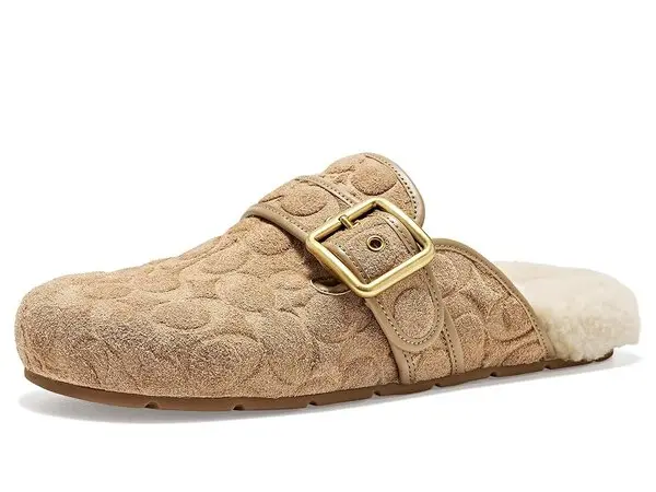 COACH Archival Buckle Embossed Suede Clogs With Shearling Flat Shoes - Soft Beige