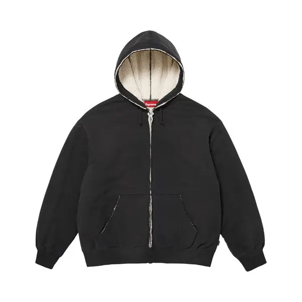 Supreme Shearling Lined Zip Up Hooded Sweatshirt - Black
