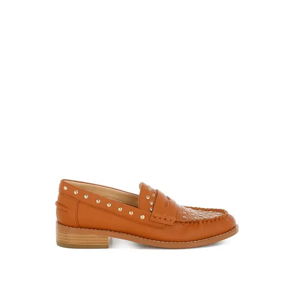 RAG & CO Oglavia Studs Embellished Leather Loafers In Tan By - Brown