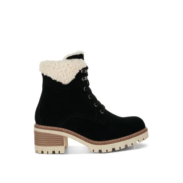 RAG & CO Madoka Fur Collar Chunky Ankle Boots In By - Black