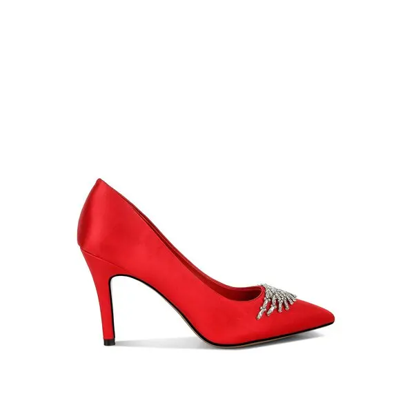 RAG & CO Rhodolia Diamante Brooch Detail Satin Pumps In By - Red