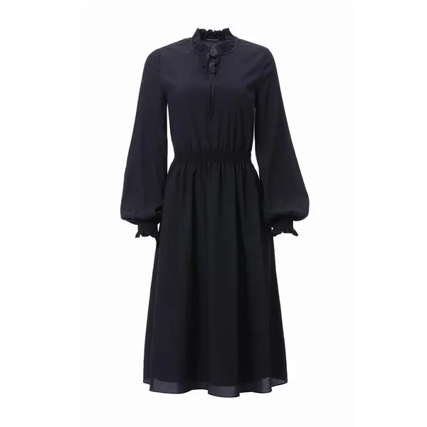 CARLOSLINES Front Neck Tie Smocked Waist Long Sleeve Midi Dress In Solid