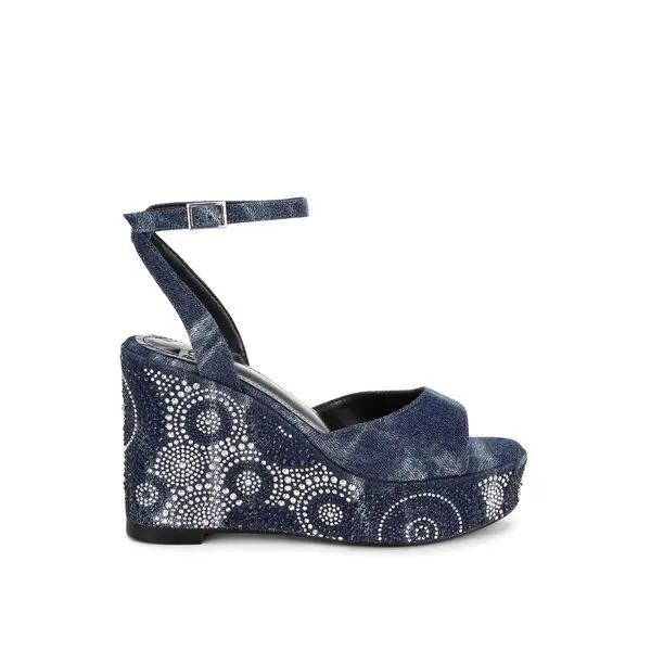 RAG & CO Mandala Geometric Motifs Rhinestone Embellished Wedges In Denim By