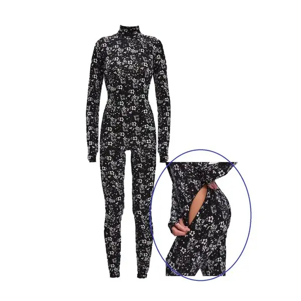 MONOSUIT Viscose Noir Blossom Long Sleeve High Neck Full Bodysuit Total & White - Black