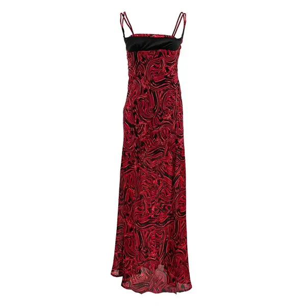 JANARA JONES Lava Print Chiffon Straight-neck Bias-cut Slit Maxi Dress - Red/black