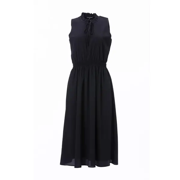 CARLOSLINES Sleeveless Smocked Waist Tie Front Dress With Pockets In Solid