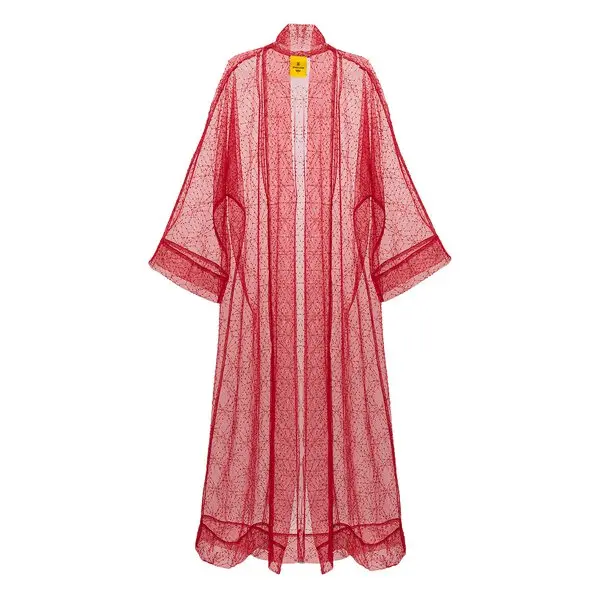 JANARA JONES Beaded Organza Long Abaya Kaftan - Red