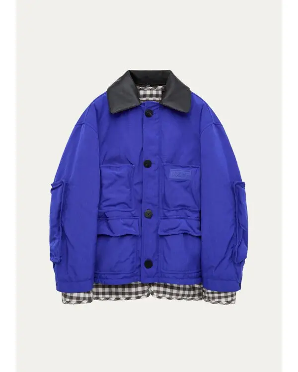 Loewe Leather Collar Check-lined Hooded Parka - Blue