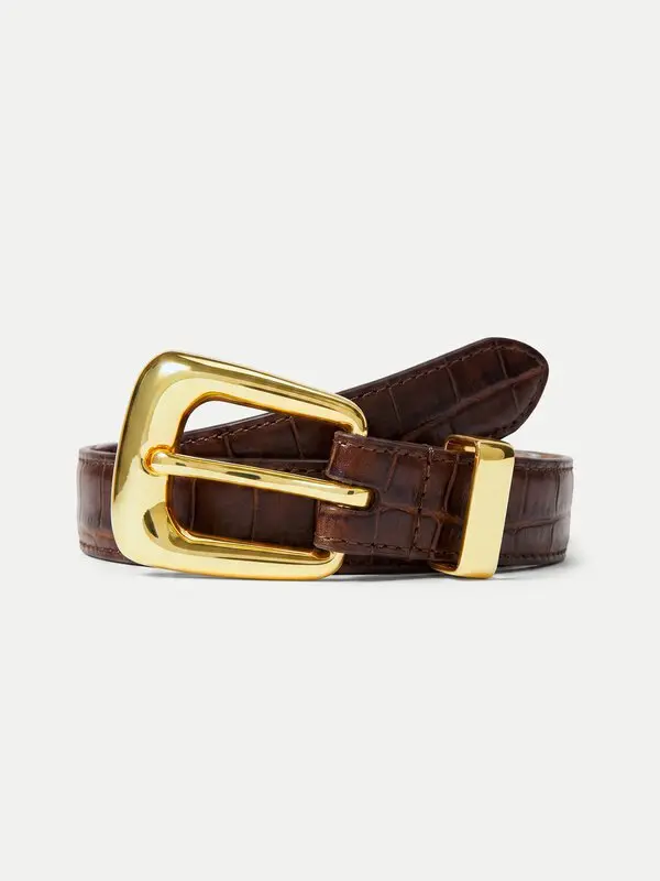 Veronica Beard Slim Croc-embossed Arch Belt - Chestnut