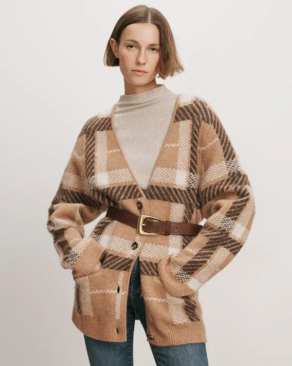 Veronica Beard Covey Plaid Cardigan - Camel Multi